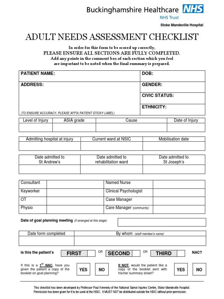 Adult Needs Assessment Checklist | PDF