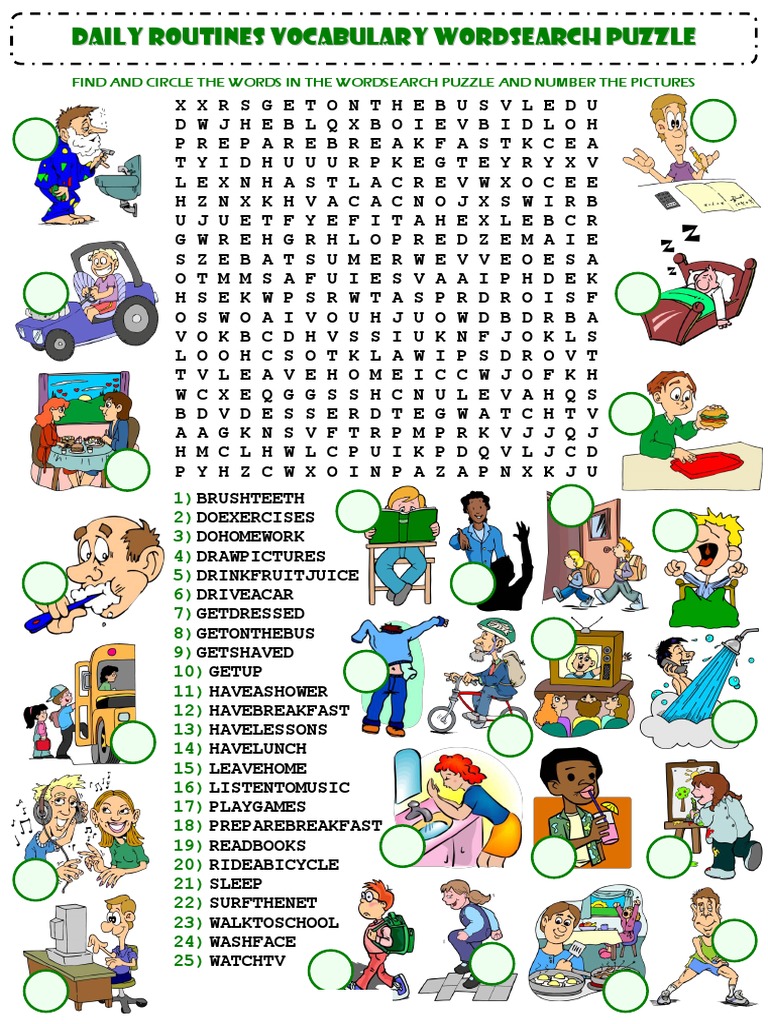 Daily Routines Vocabulary Wordsearch Puzzle Worksheet | PDF