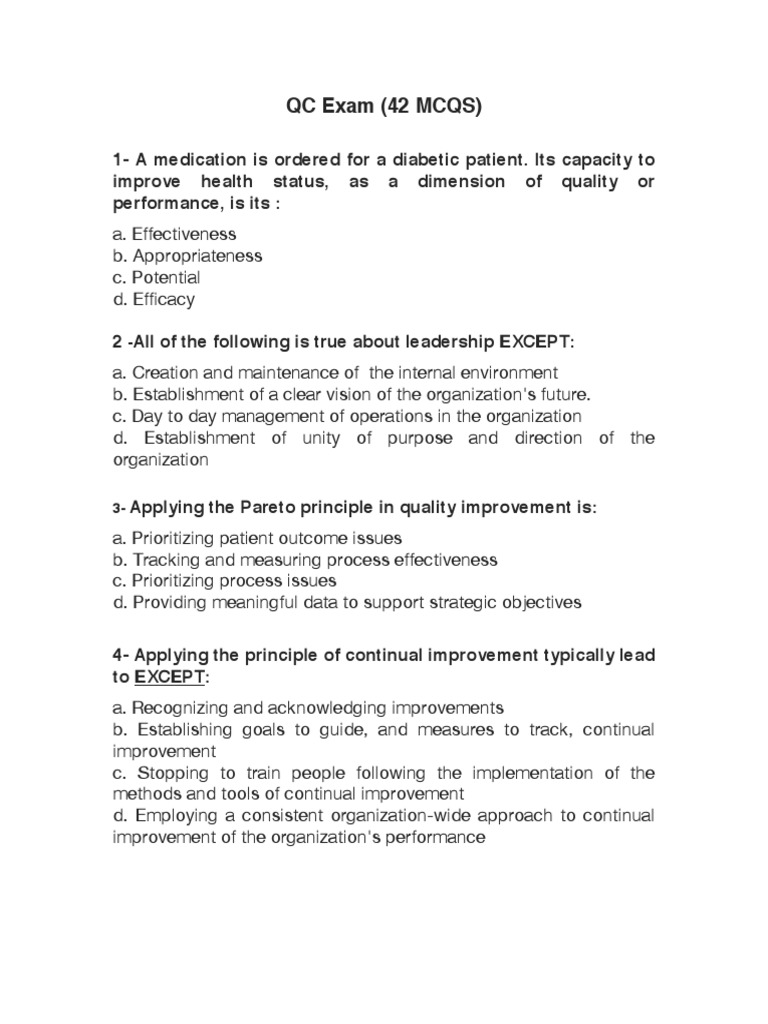 QC Exam (42 MCQS) | PDF | Quality Management | Health Care