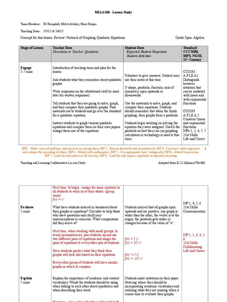 Quadratic Graphing Lesson Study | PDF | Quadratic Equation | Equations