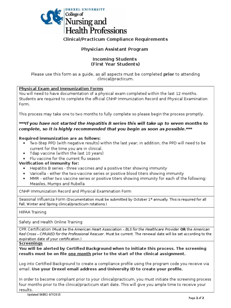 Compliance PA Requirements Incoming | PDF | Vaccines | Health Sciences