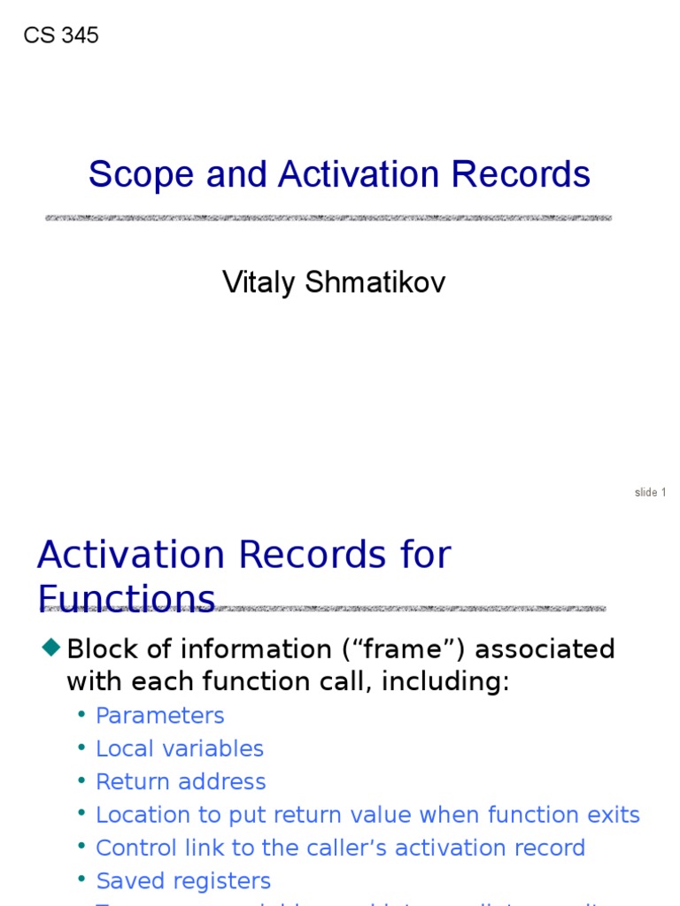 Scope and Activation Records: Vitaly Shmatikov | PDF | Scope (Computer Science) | Subroutine