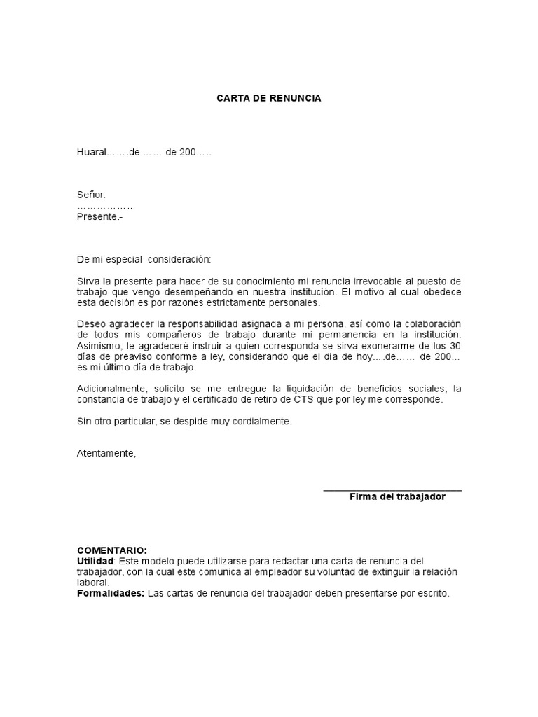 Modelo de Carta de Renuncia Laboral | PDF | Derecho