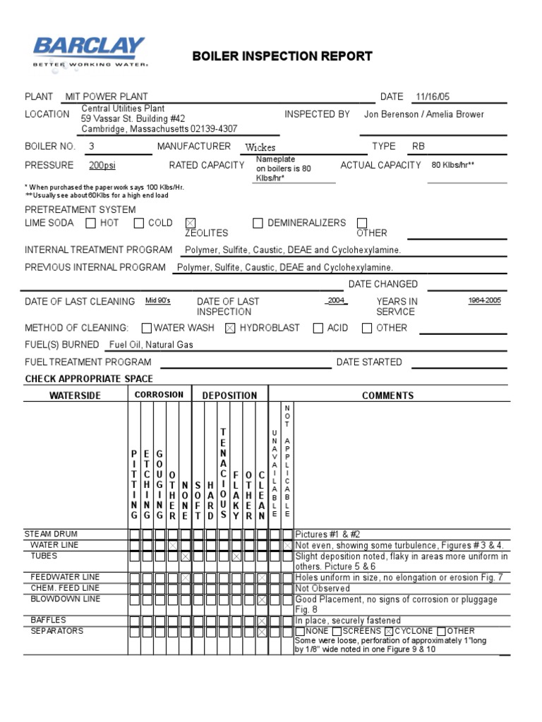 Boiler Inspection Report Template | Chemical Engineering | Chemistry