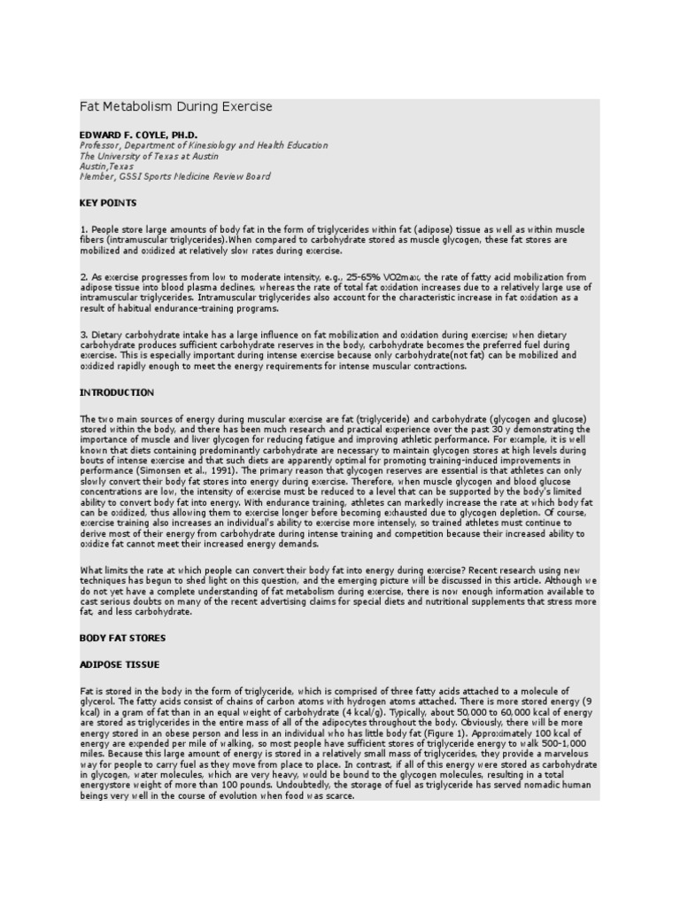 Fat Metabolism and Exercise Dynamics | PDF | Adipose Tissue | Glycogen