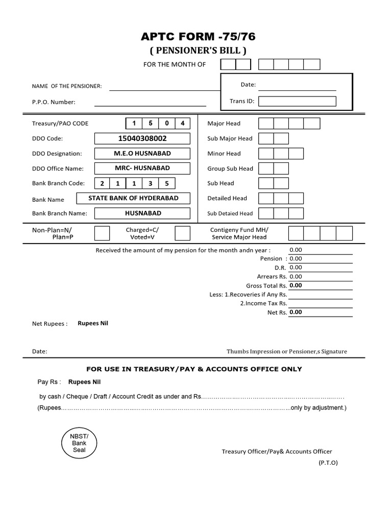 APTC Form 75/76: Pension Bill Details | PDF