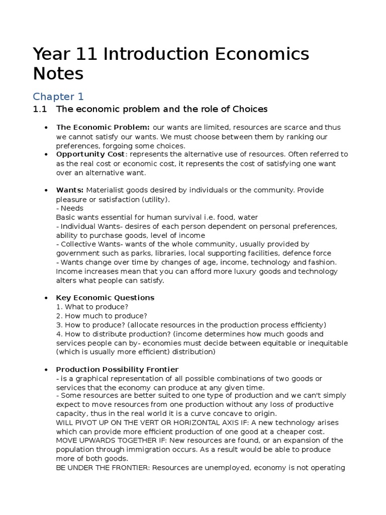 Year 11 Economics Introduction Notes | PDF | Market Economy | Economics