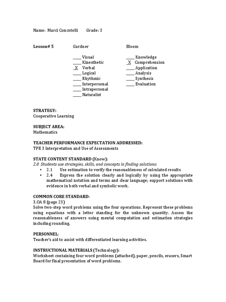 Cooperative Math Lesson Plan for 3rd Grade | PDF | Reading ...