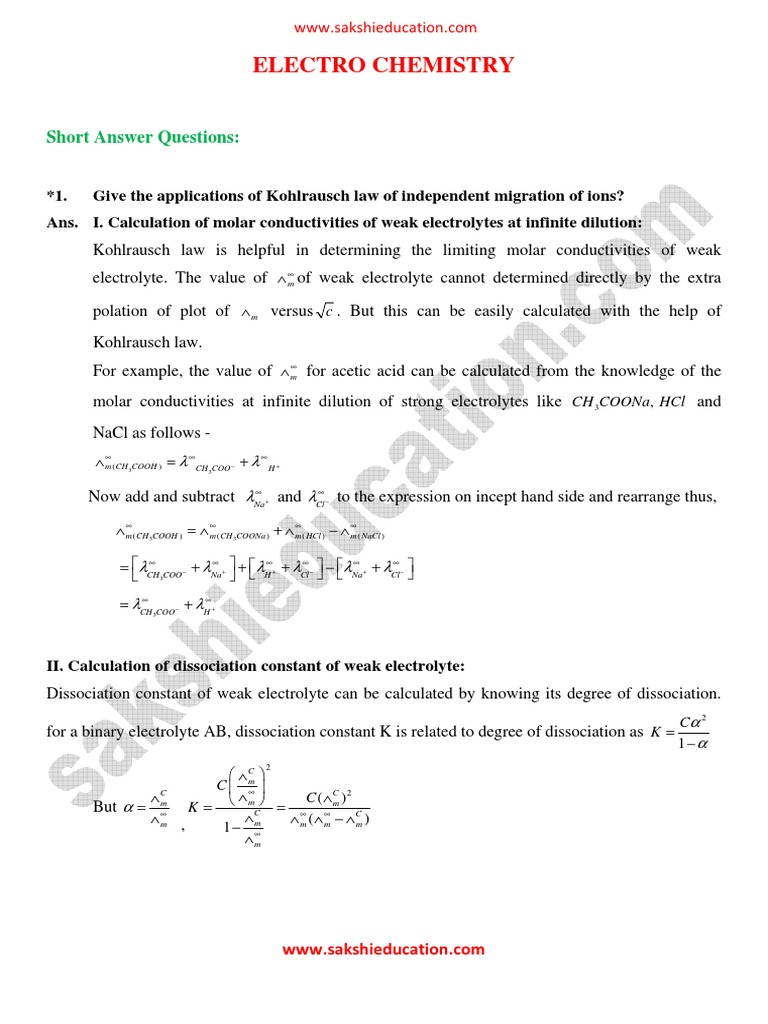 Electro Chemistry: Short Answer Questions | PDF | Battery (Electricity ...
