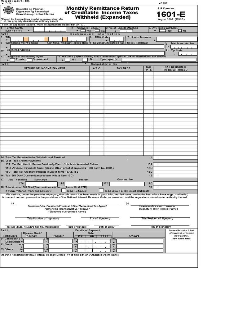 1601E - August 2008 | Withholding Tax | Government Finances