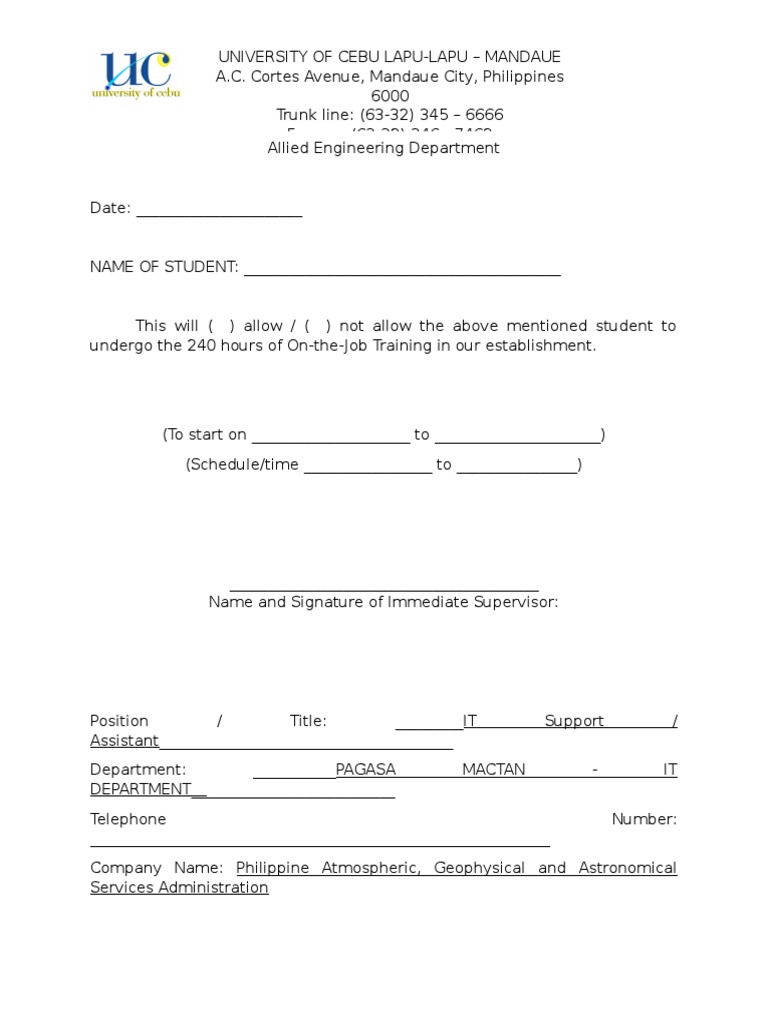 Sample OJT Acceptance Letter | PDF