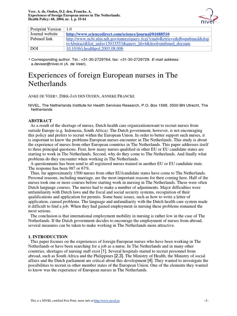 Experiences of Foreign European Nurses in The Netherlands | PDF ...