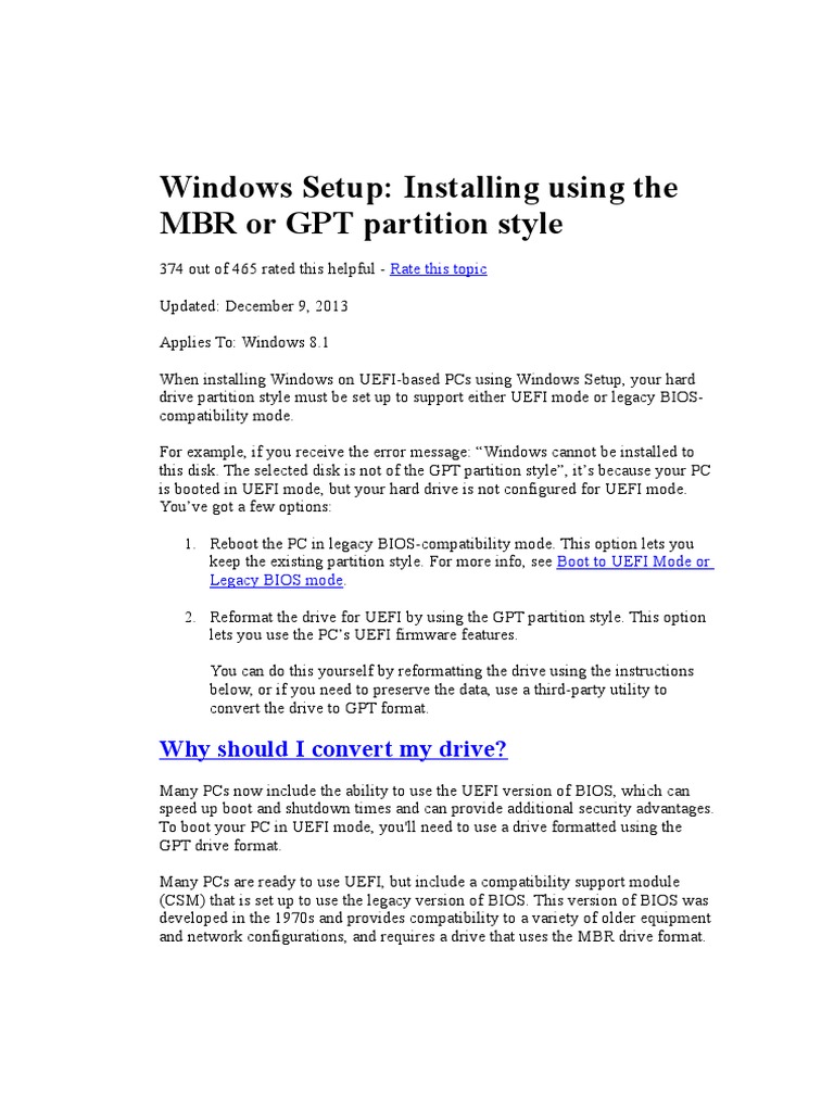 Windows Setup: Installing Using The MBR or GPT Partition Style | PDF ...