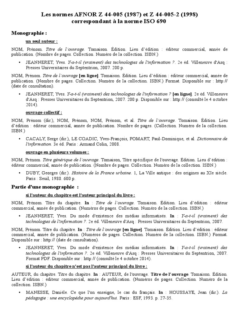 Normes Bibliographiques (AFNOR Z 44-005 / ISO 690) | PDF ...