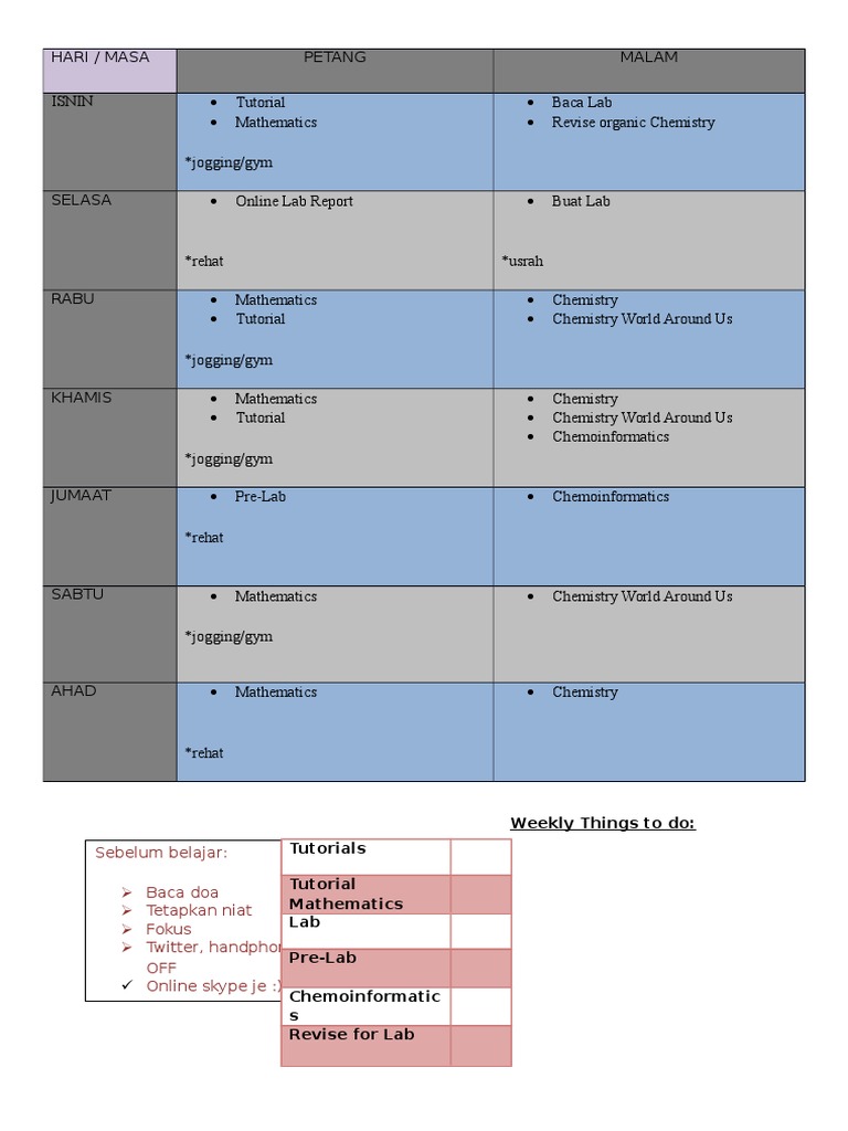 Weekly Study Schedule and Tasks | PDF
