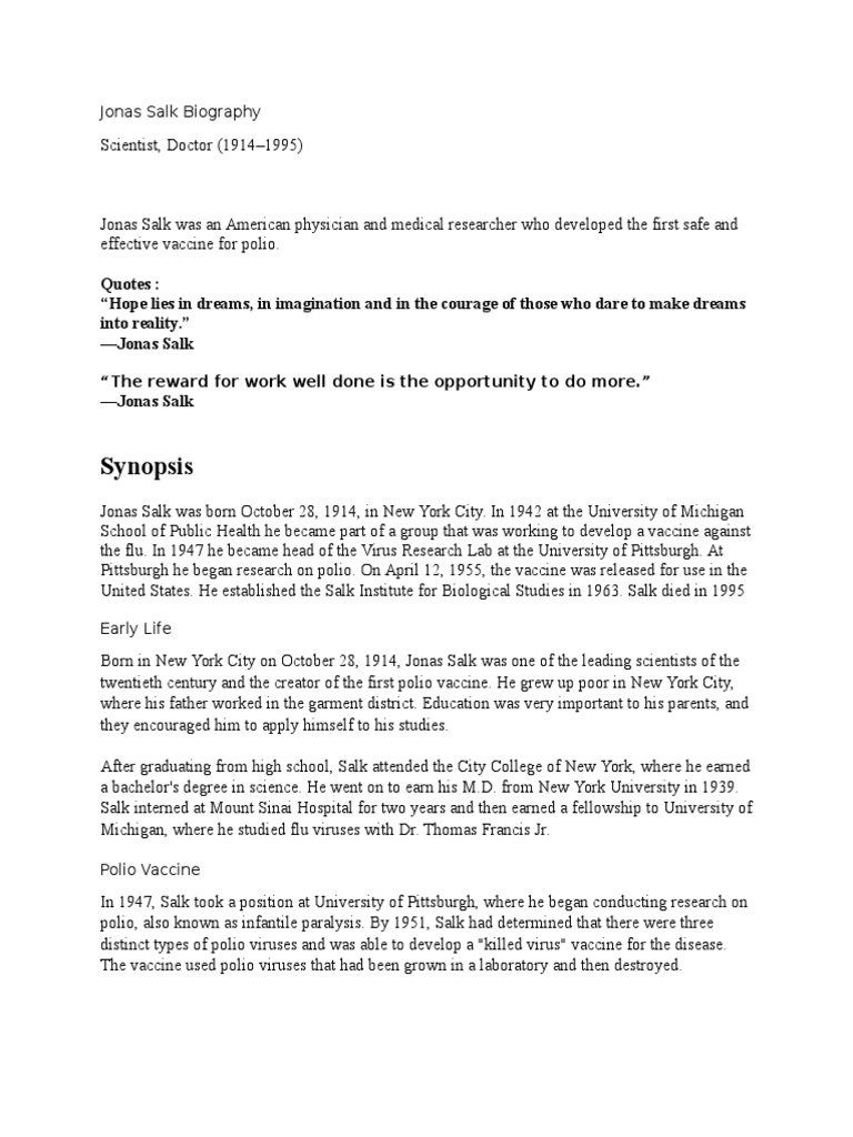Jonas Salk Biography | PDF | Poliomyelitis | Animal Viral Diseases