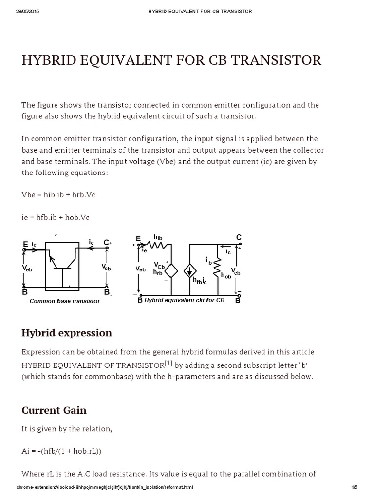 Hybrid Equivalent For CB Transistor | PDF | Amplifier | Analog Circuits