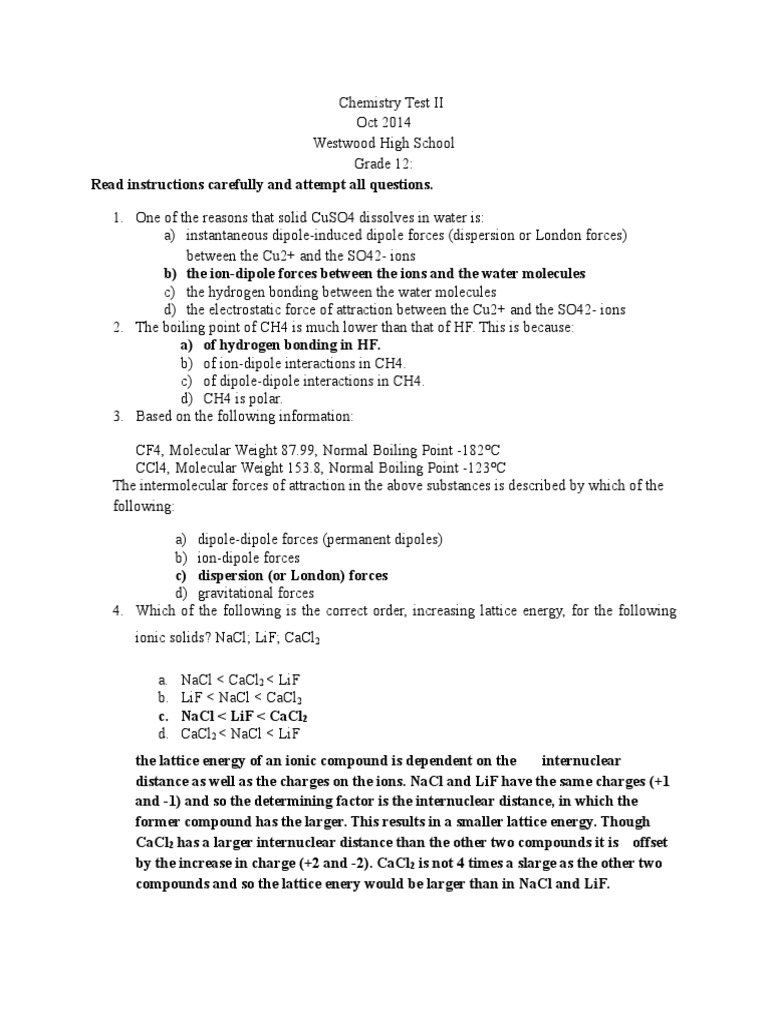 High School Chemistry Unit 1 Test | PDF | Intermolecular Force ...