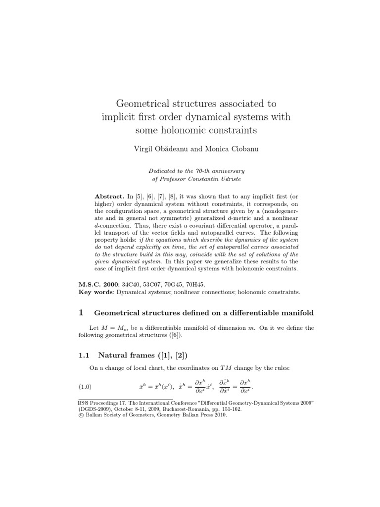 Geometrical Structures Associated To Implicit First Order Dynamical Systems With Some Holonomic ...