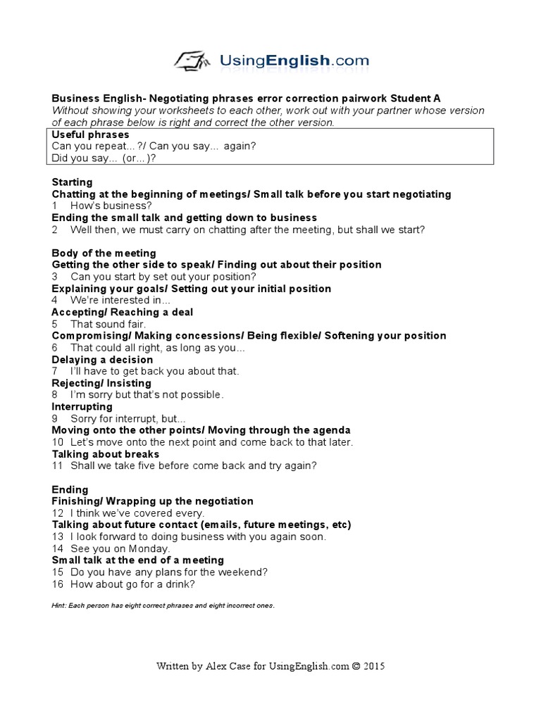 Business English Negotiating Phrases Error Correction Pairwork PDF ...