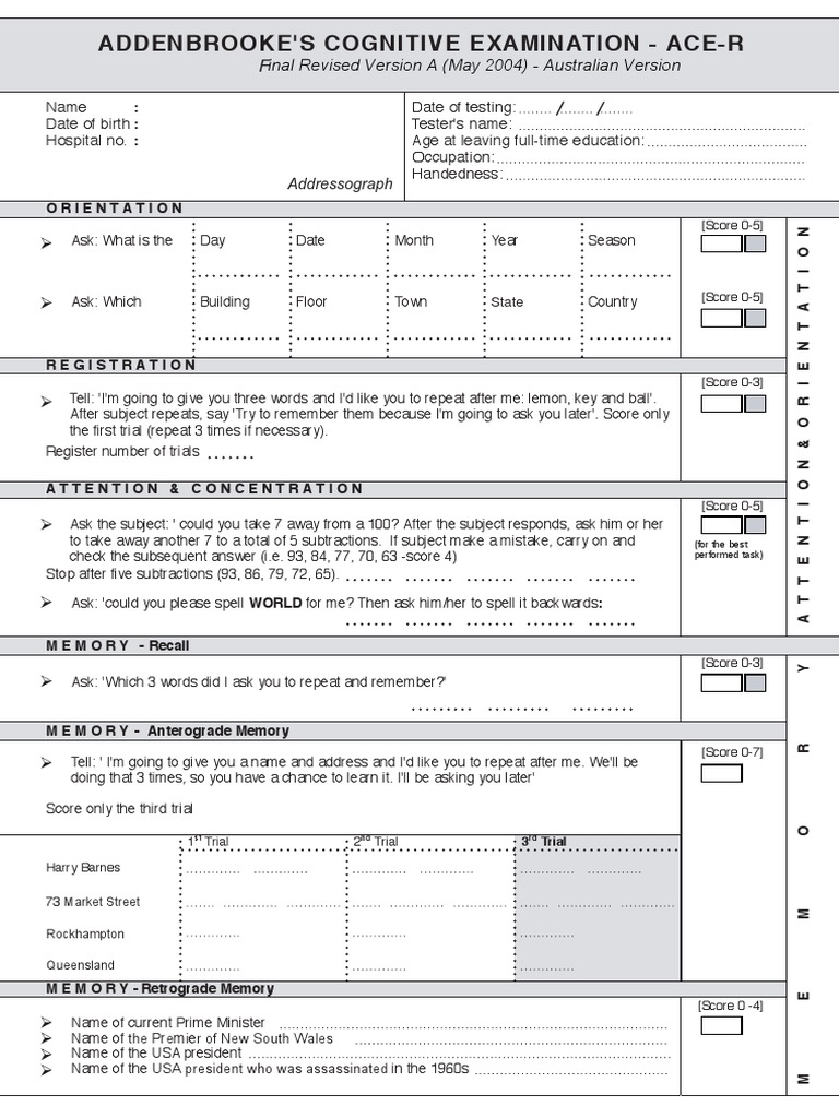 ADDENBROOKEs Cognitive Examination ACE-R | PDF