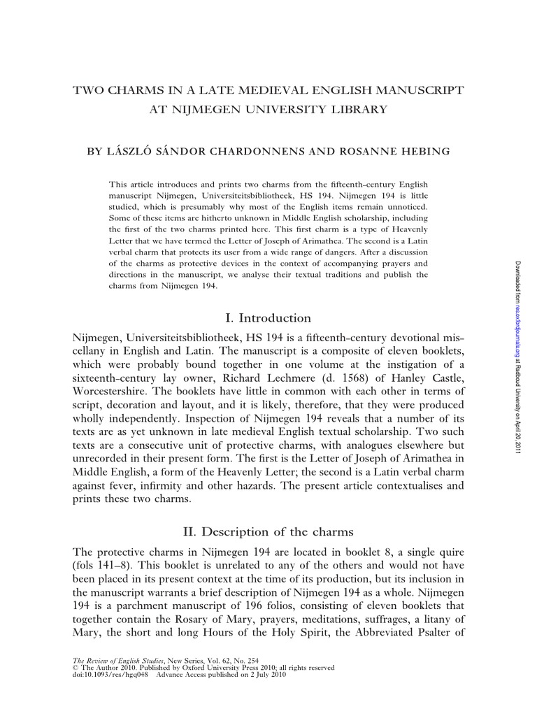 Two Charms in A Late Medieval English Manuscript at Nijmegen University ...