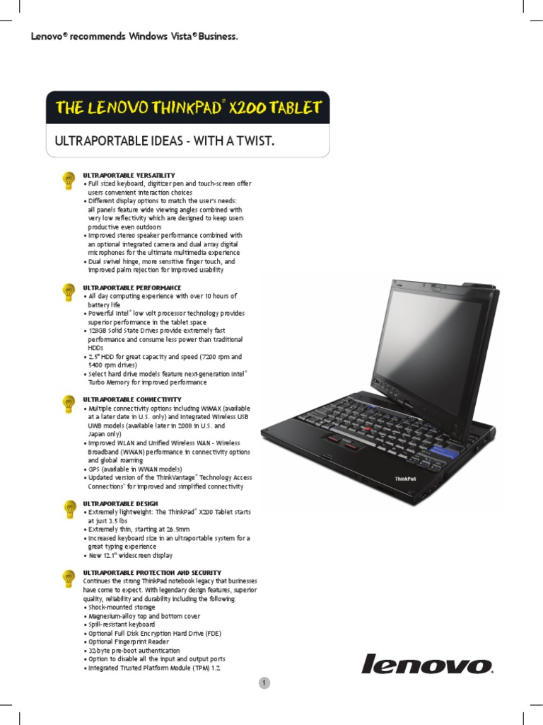 Lenovo X200 tablet Data sheet | Tablet Computer | Laptop