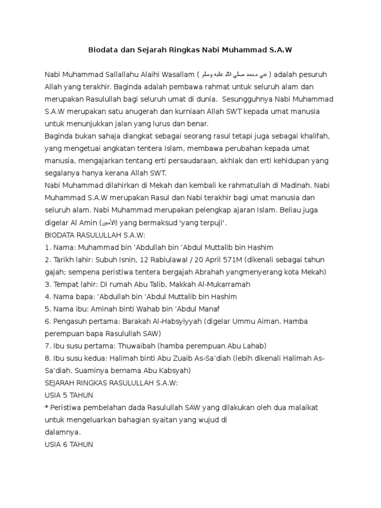Biodata Dan Sejarah Ringkas Nabi Muhammad S | PDF