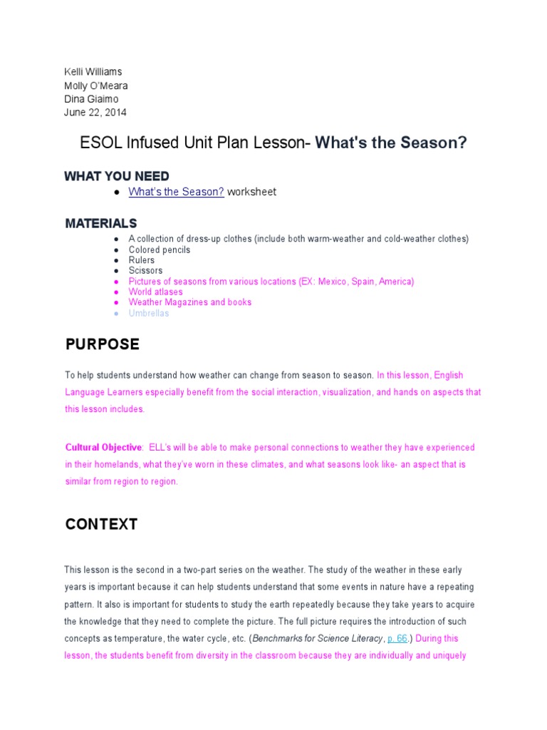 ESOL Unit Plan: Understanding Seasons | PDF | Weather | Meteorology