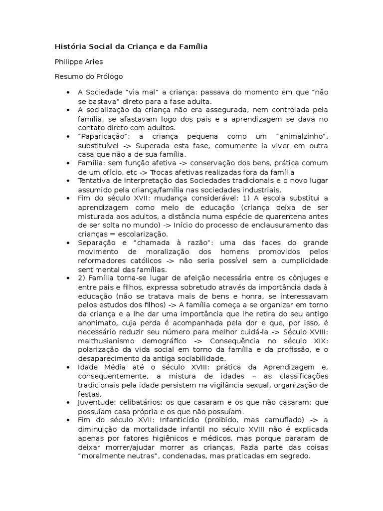 História Social Da Infância E Da Família Resumo Do Prólogo Download