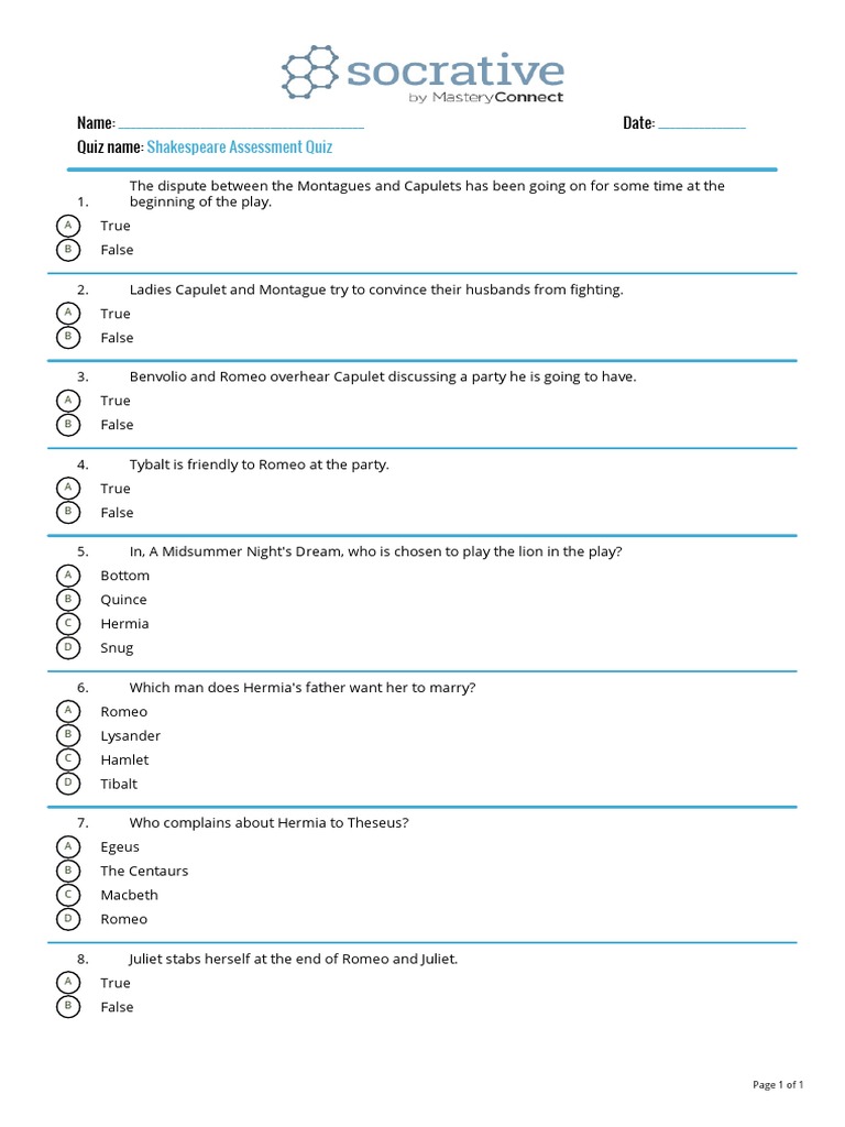 Shakespeare Assessment Quiz Questions | PDF