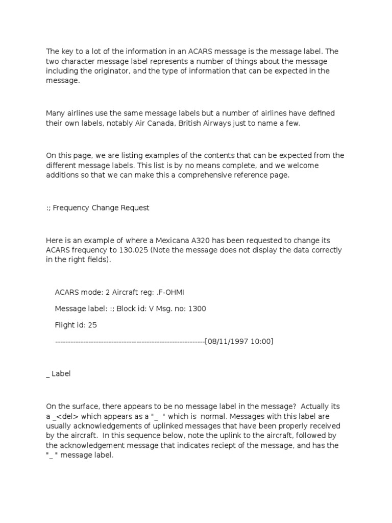 ACARS Message Label Examples | PDF | Airport | Industries