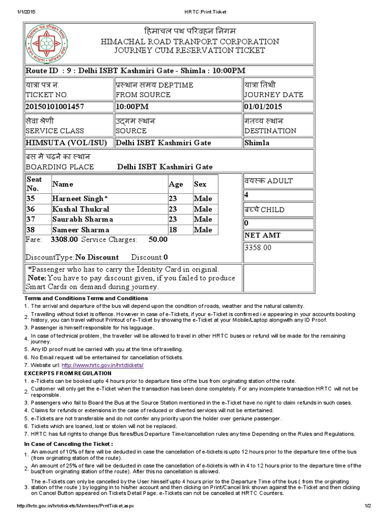 HRTC Print Ticket | PDF | Ticket (Admission) | Fare