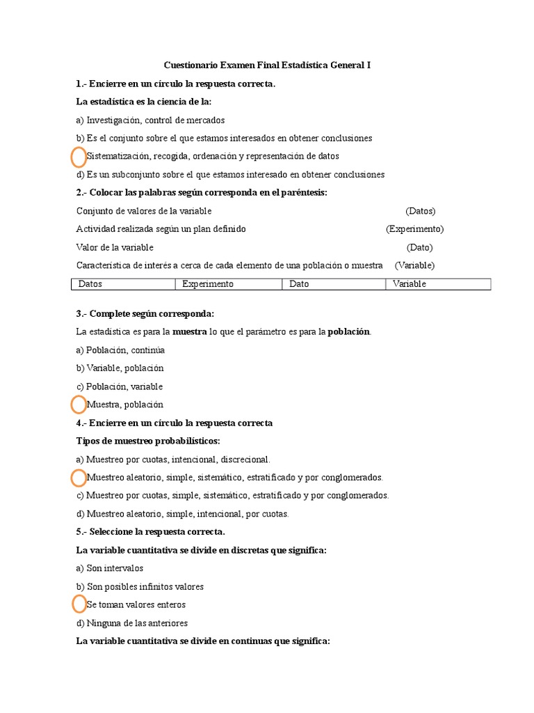 Cuestionario Examen Final Estadística General I | Muestreo (Estadísticas) | Media
