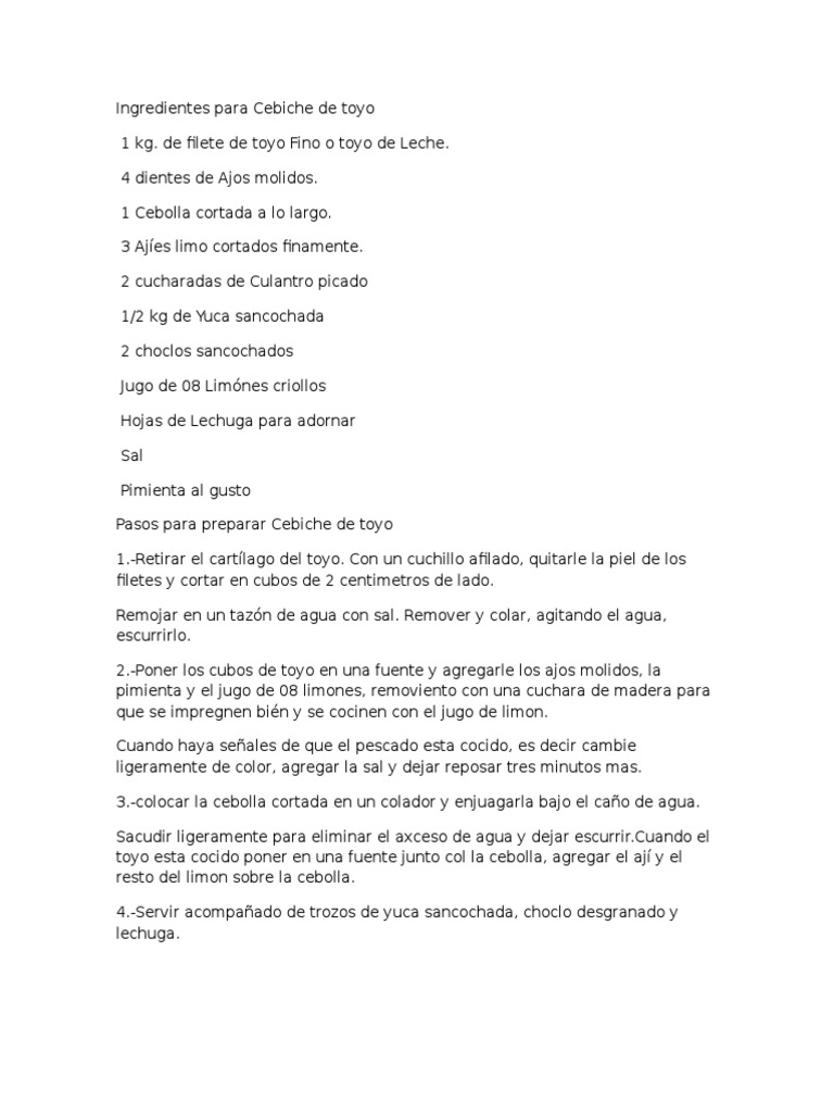 Receta Ceviche de Toyo | PDF | Cocina, comidas y vino