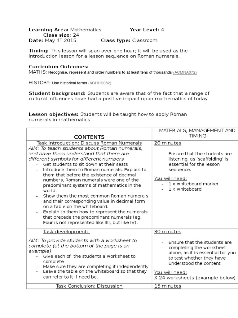 Roman Numerals Lesson Plan for Year 4 | PDF | Language Arts & Discipline