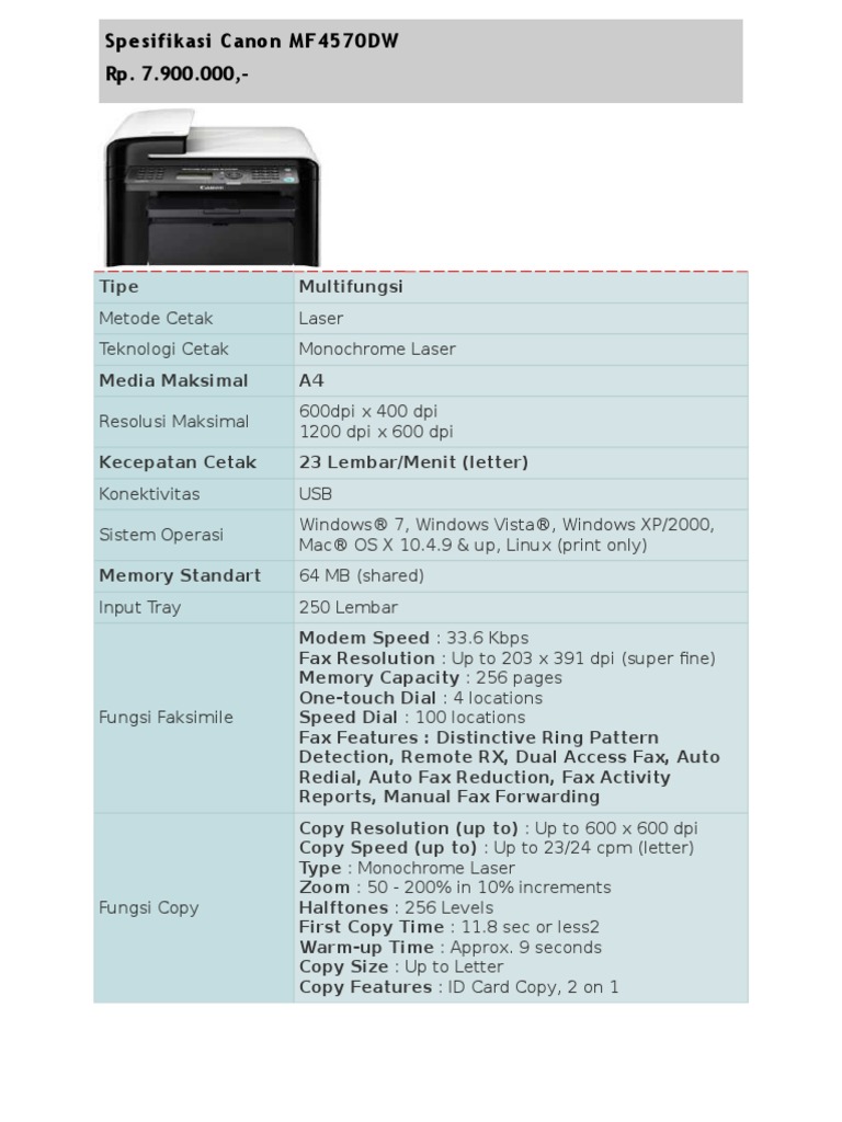 Spesifikasi Canon MF4570DW Rp. 7.900.000 | PDF
