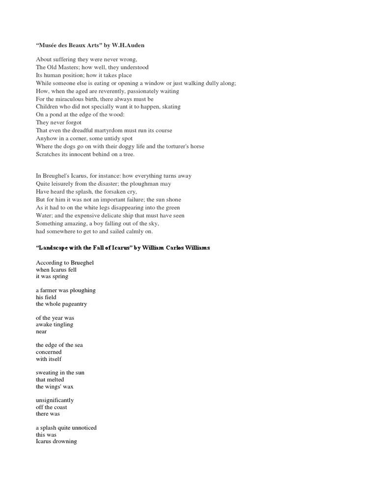 "Musée Des Beaux Arts" by W.H.Auden: "Landscape With The Fall of Icarus ...