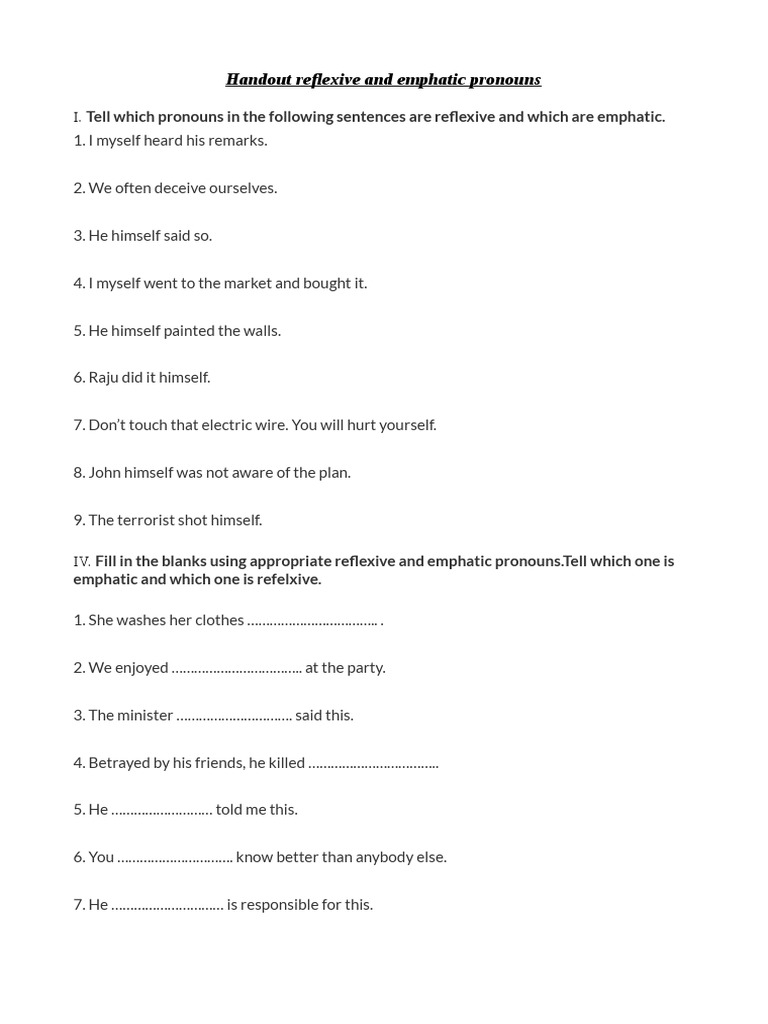 Handout Reflexive or Emphatic Pronouns | PDF | Syntax | Linguistic ...