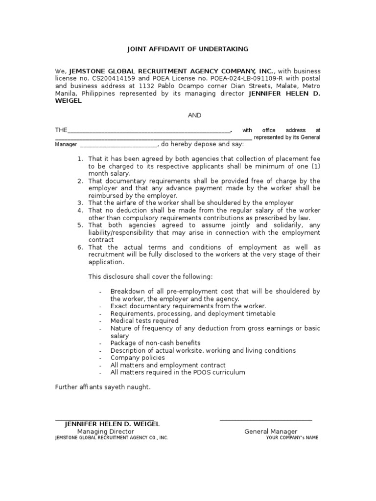 Joint Affidavit of Undertaking Template | PDF