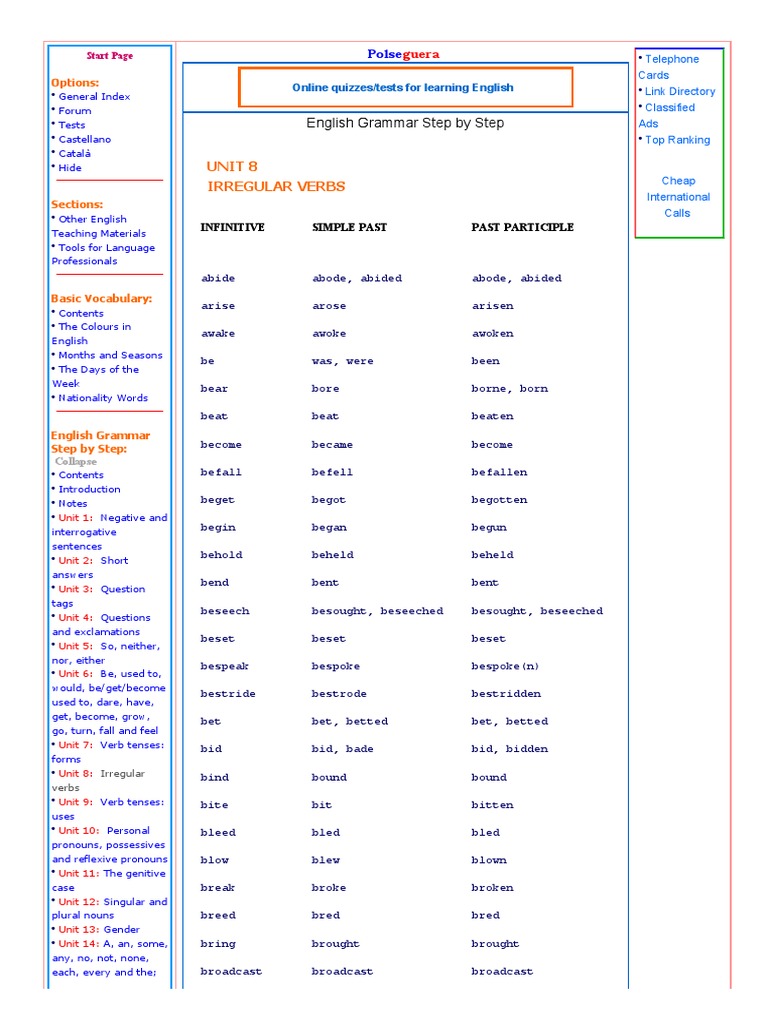 Irregular Verbs for Advanced Students of English - English Grammar Step ...