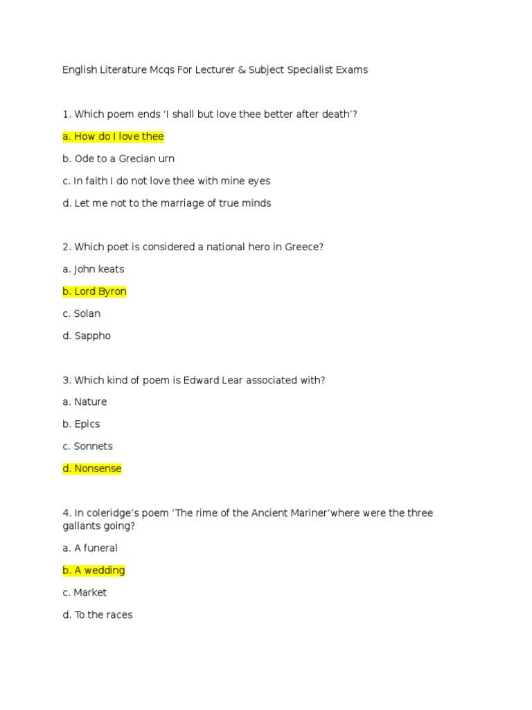 English Literature Mcqs | PDF | Metre (Poetry) | Phonaesthetics