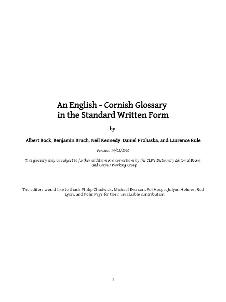 English - Cornish Glossary | PDF | Adjective | Grammatical Gender