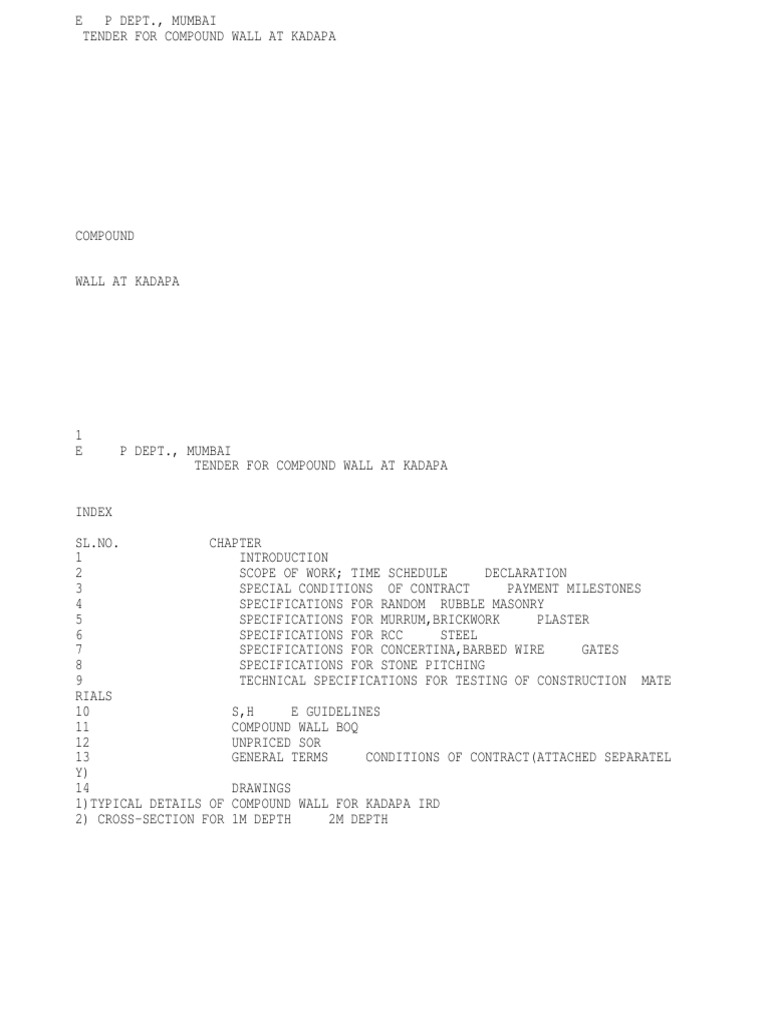 Compound Wall Tender (Kadapa) | PDF | General Contractor | Masonry