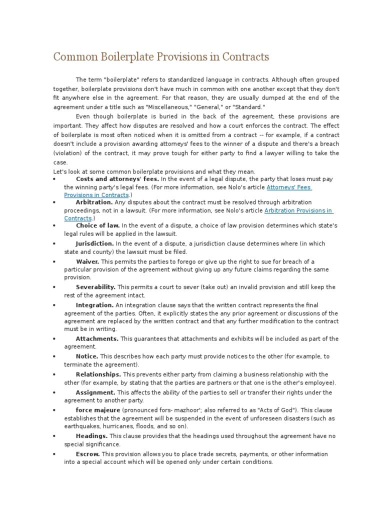 Common Boilerplate Provisions in Contracts | PDF | Attorney's Fee ...
