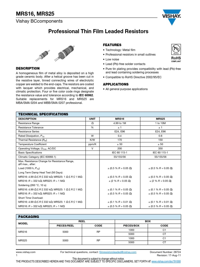 Mrs16, Mrs25: Vishay Bccomponents | PDF | Resistor | Electrical Engineering