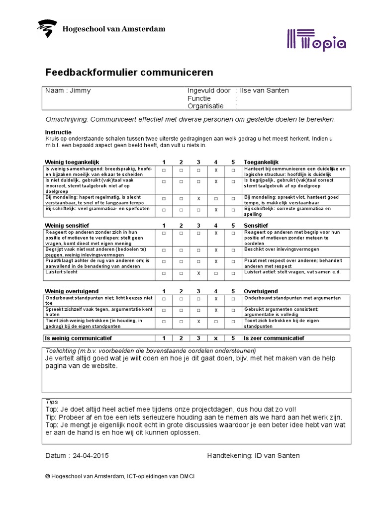 Feedbackformulier Communiceren-Jimmy | PDF
