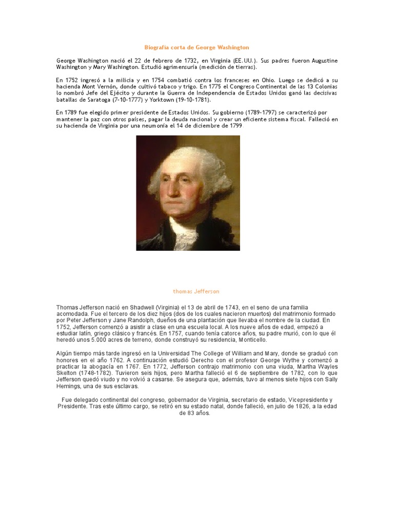 Biografía Corta de George Washington | PDF | George Washington | Thomas ...