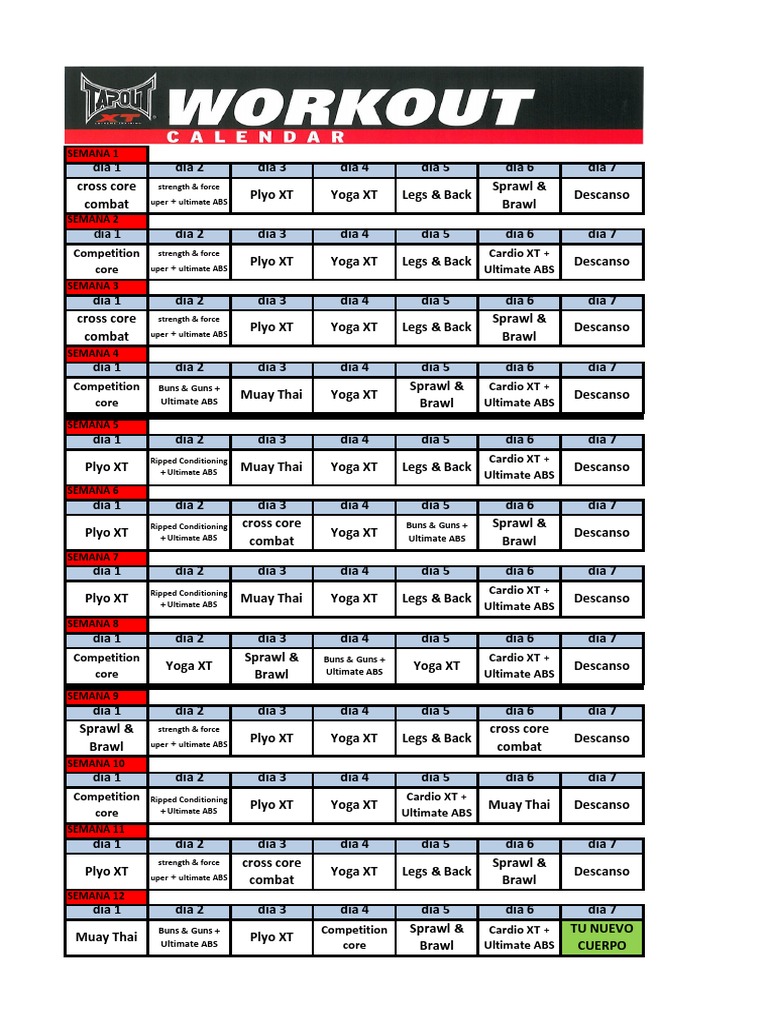 Tapout XT Workout Calendar 12 Weeks | PDF