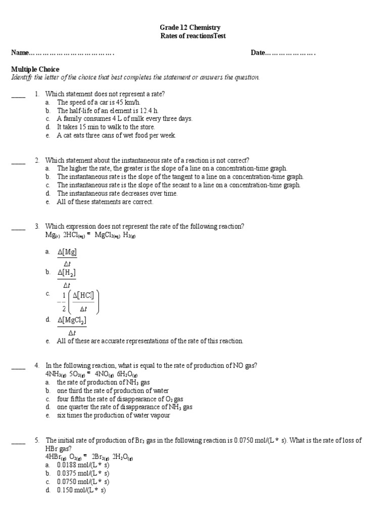 Rates of Reaction Test | PDF